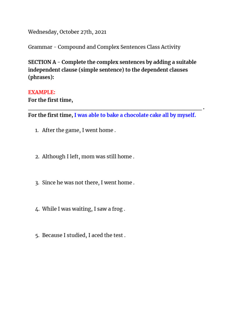 (Template) Writing Compound & Complex Sentences Class Activity | PDF