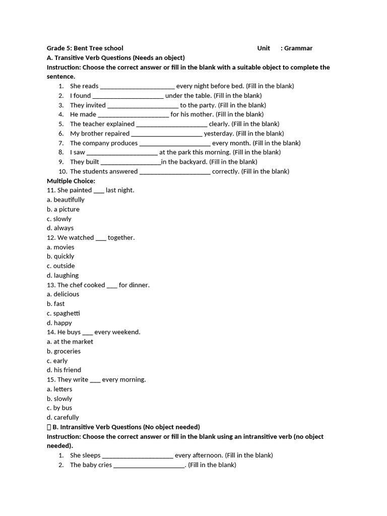 Transitive and Intransitive Verbs Worksheet | PDF | Verb | Syntax