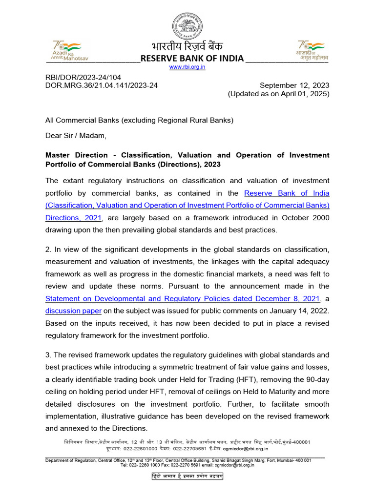 Rbi Circular On Classification Valuation of Investments | PDF ...