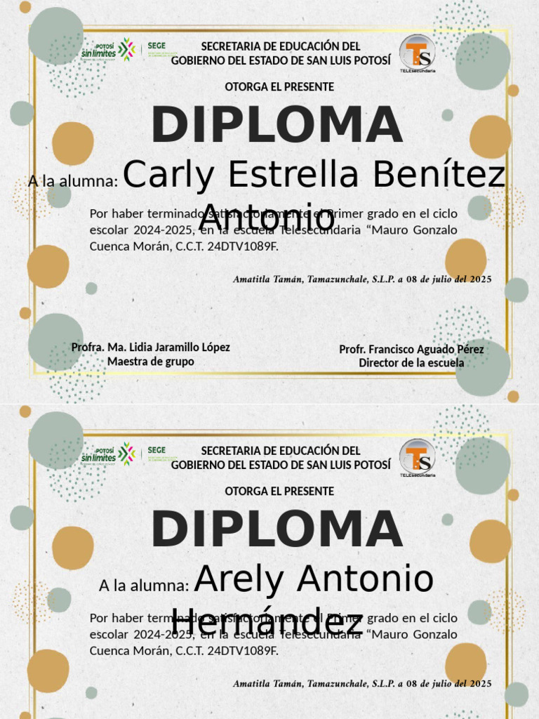 Diploma Primer Grado Telesecundaria SLP | PDF | Educación Secundaria ...