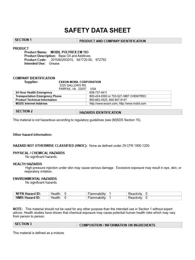 Mobil Polyrex EM Safety Data Sheet | PDF | Firefighting | Hazards