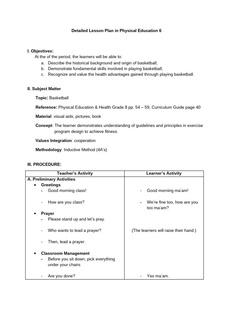 Basketball Lesson Plan for PE 6 | PDF | Lesson Plan | Physical Education
