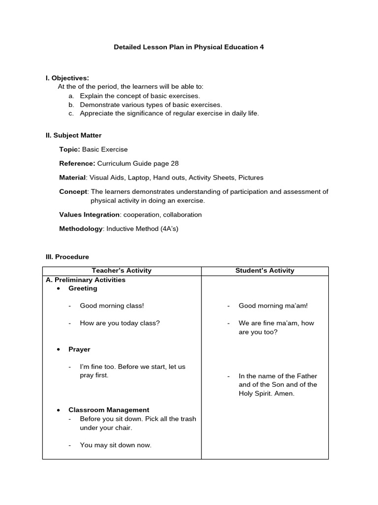 Grade 5 Basic Exercise Lesson Plan | PDF | Learning