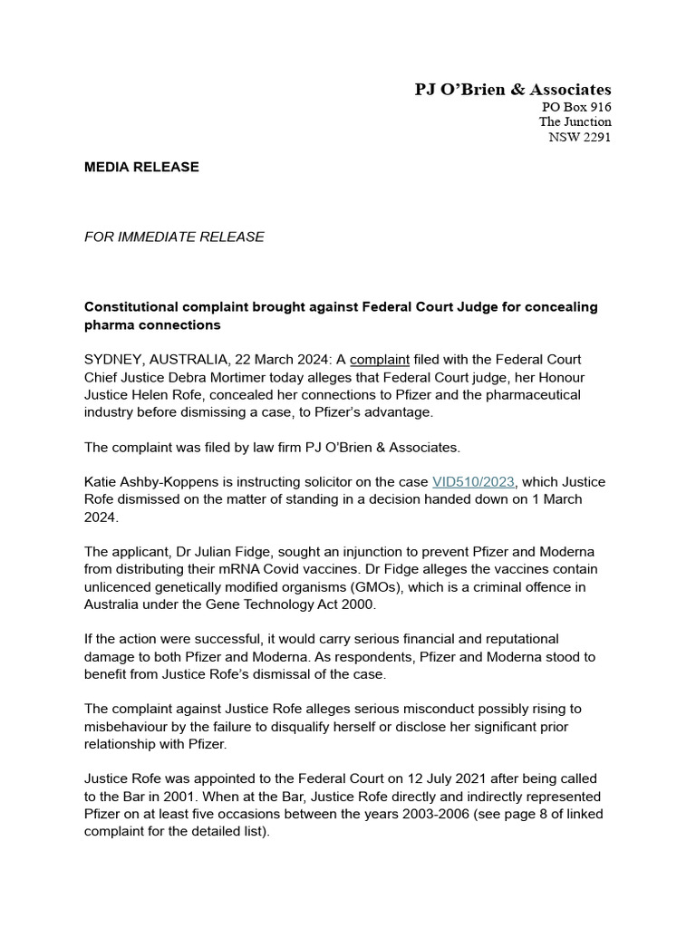 Pressrelease Justicerofecomplaint | PDF | Pfizer | Judge