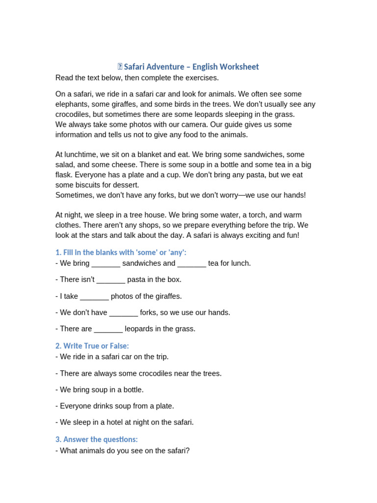 Safari Adventure English Worksheet | PDF