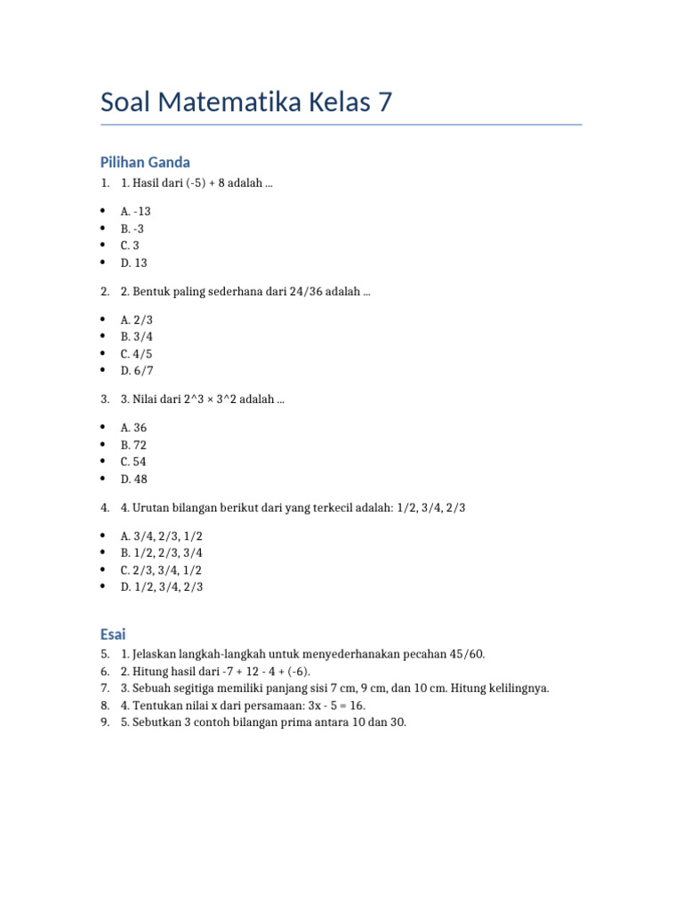 Soal Matematika Kelas 7: Pilihan Ganda & Esai | PDF