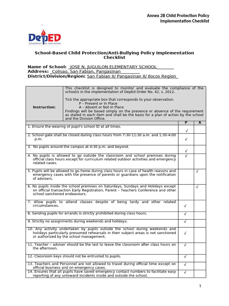 3b - SIP Annex 2B - Child Protection Policy Implementation Checklist | PDF