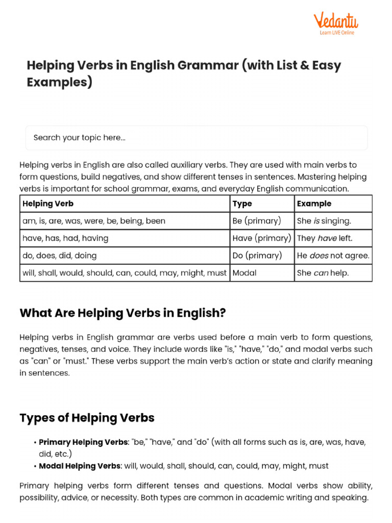 Helping Verbs in English Grammar (With List & Easy Examples) | PDF