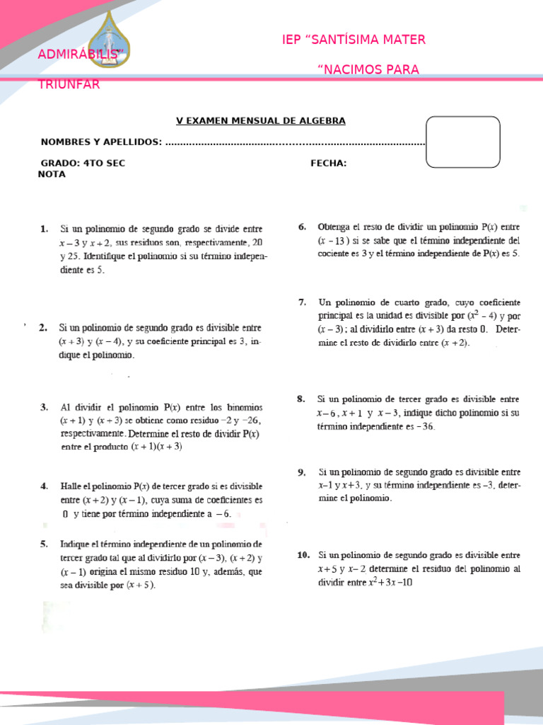 Examen de Algebra (4to Sec) | PDF