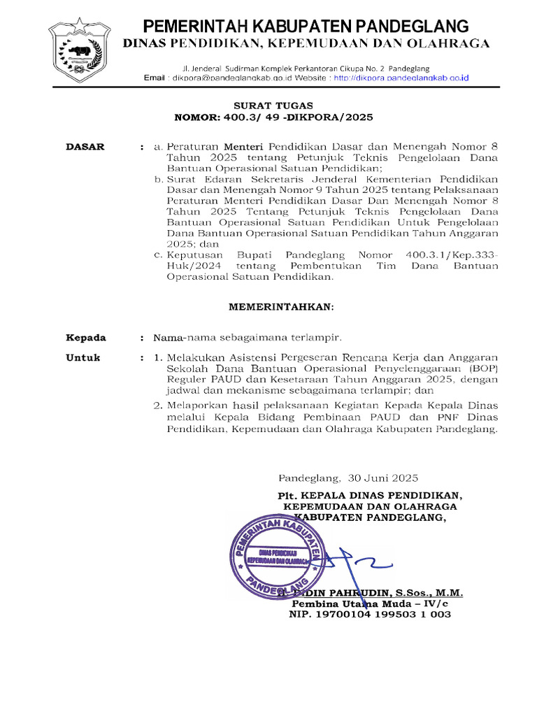 Surat Tugas Kadis TTG Asistensi Pergeseran RKAS BOP Reguler PAUD & Kesetaraan TA. 2025 TTD | PDF