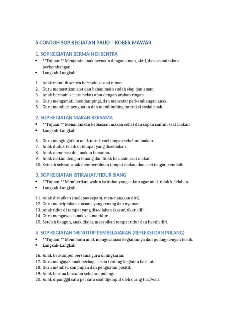 5 SOP Kegiatan PAUD KOBER Mawar | PDF