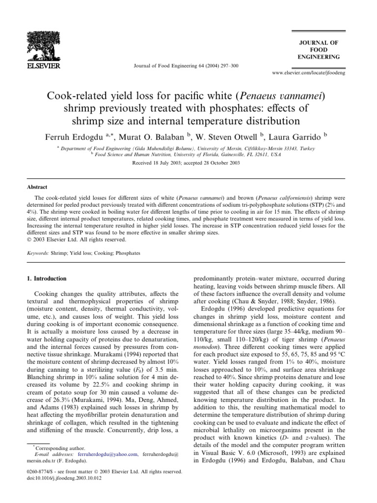 Yield Loss in Cooked Pacific White Shrimp | PDF | Cooking | Water