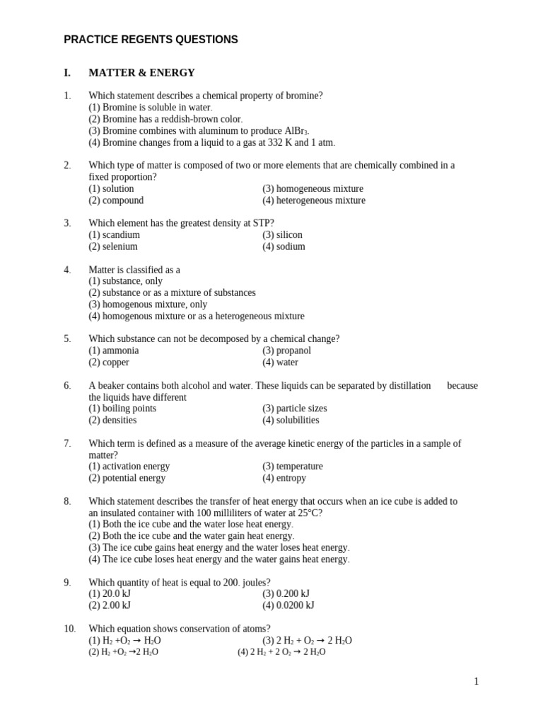 Regents Practice Questions | PDF | Atoms | Radioactive Decay