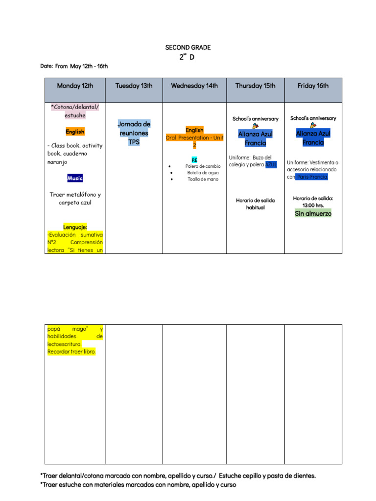 WEEKLY PLANNING 2° Grade | PDF