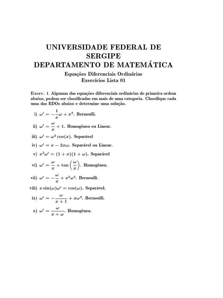 Exerc Lista 01 EDO CLASSIF | PDF