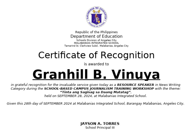 Certificate Of Recognition Speakers Pdf