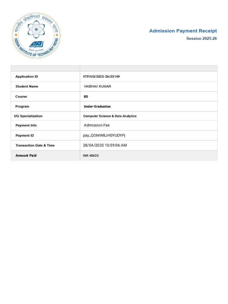Admission Fee Reciept - Admission Fee Reciept | PDF