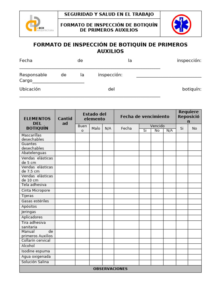 Formato de Inspección de Botiquin de Primeros Auxilios | PDF