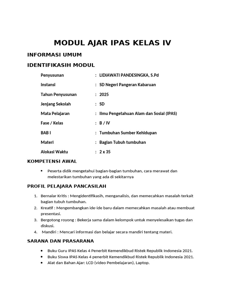 Modul Ajar IPAS Kelas IV: Tumbuhan | PDF