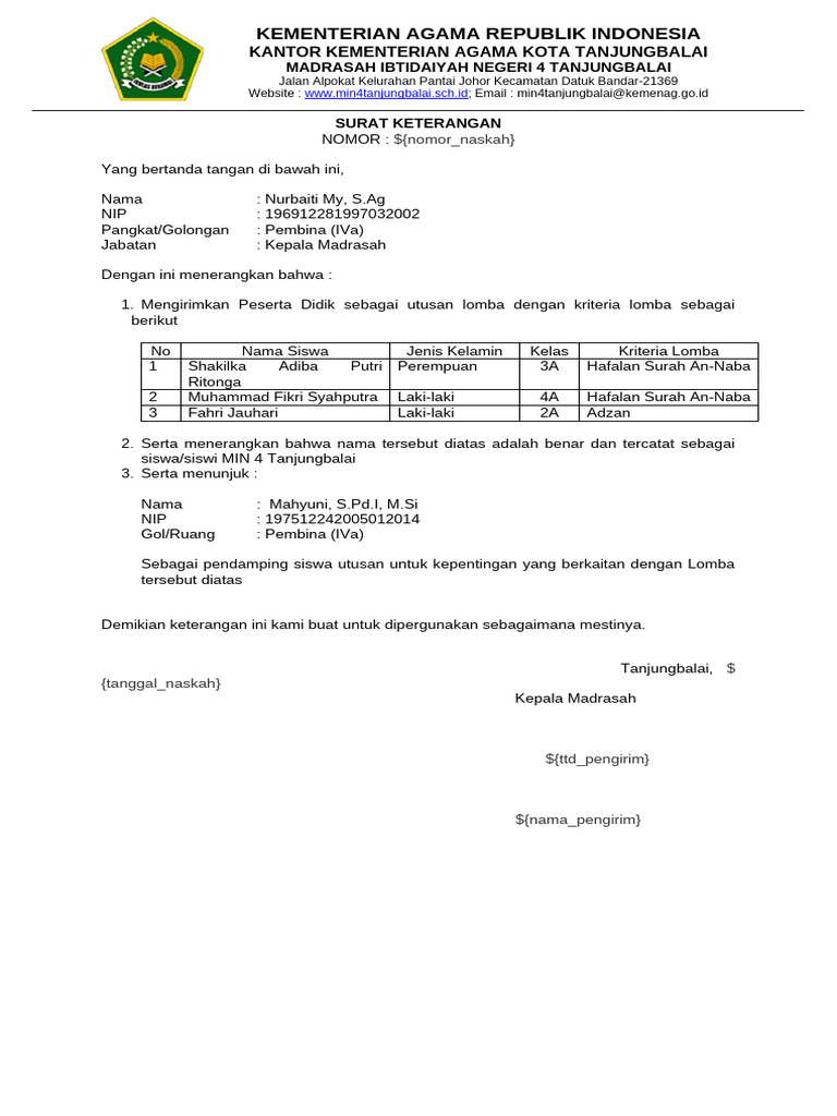 20250721105946surat Keterangan Utusan Lomba Hafalan Surah Dan Adzan (SRIKANDI) | PDF