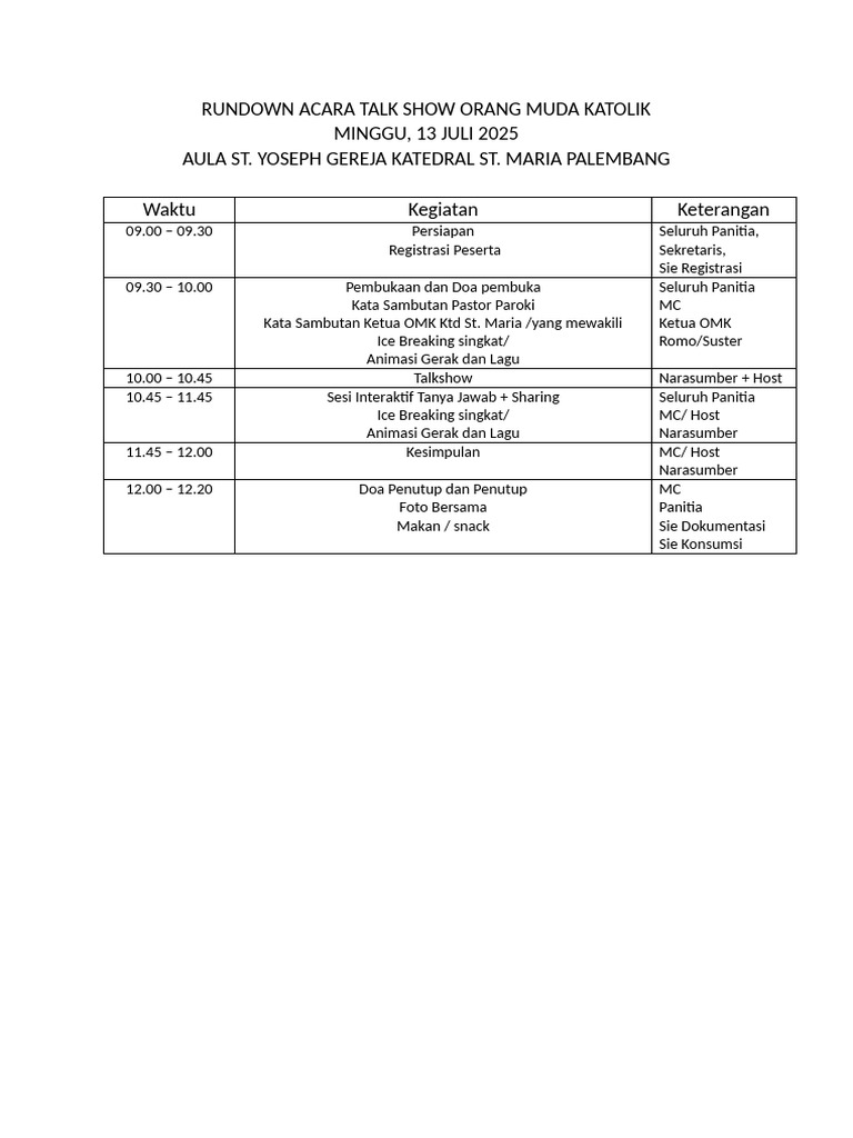 Rundown Acara Talk Show Orang Muda Katolik | PDF