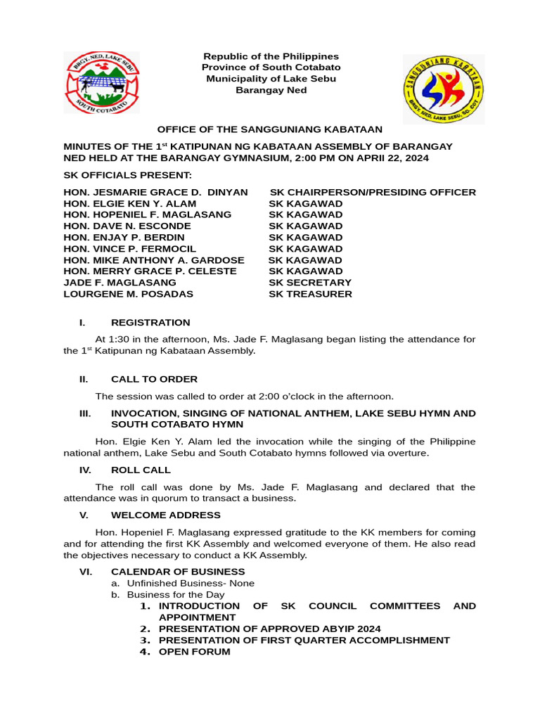 Minutes of 1st KK Assembly, Barangay Ned | PDF