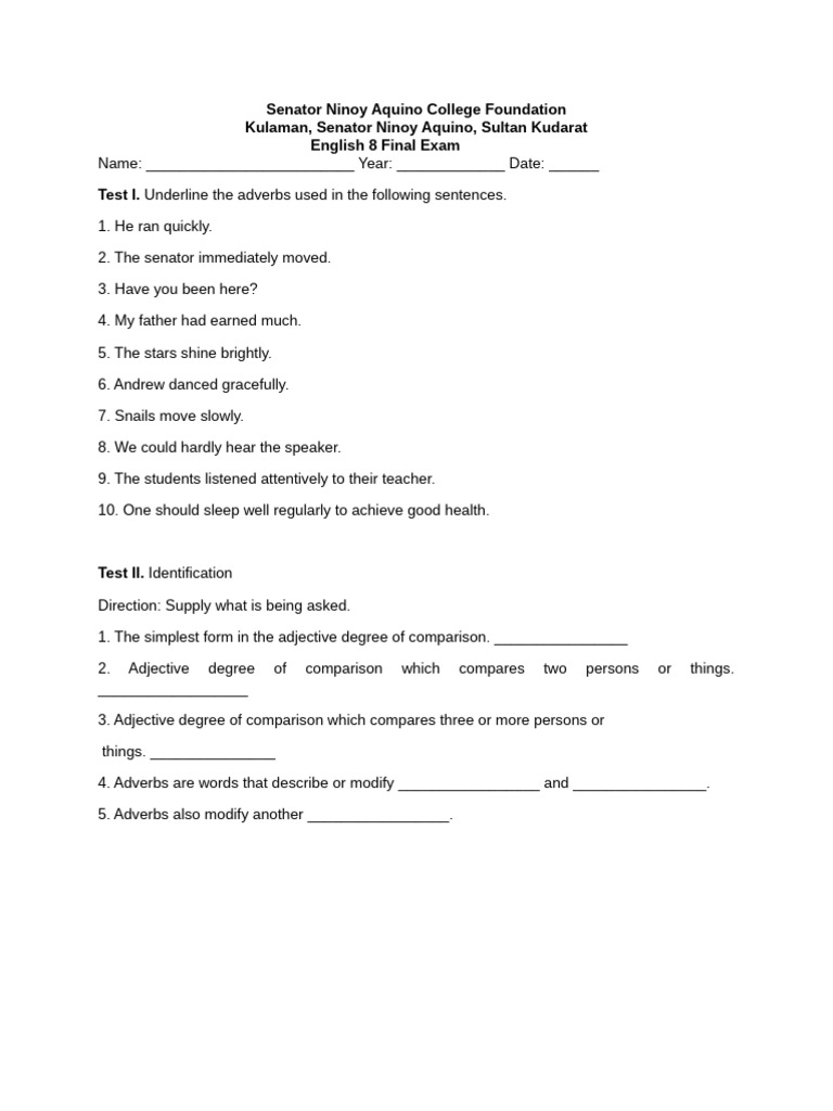 Engish 8 Final Examination | PDF