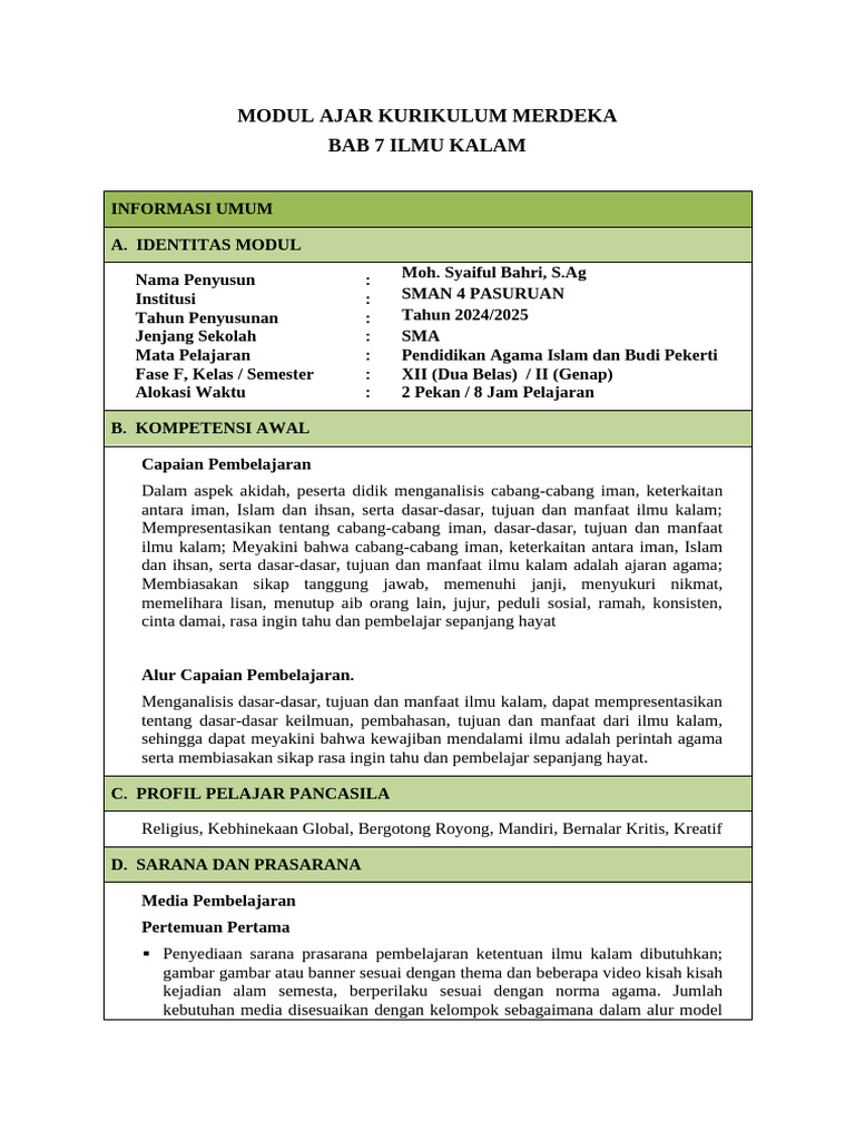 Modul Ajar BAB 7 Ilmu Kalam | PDF