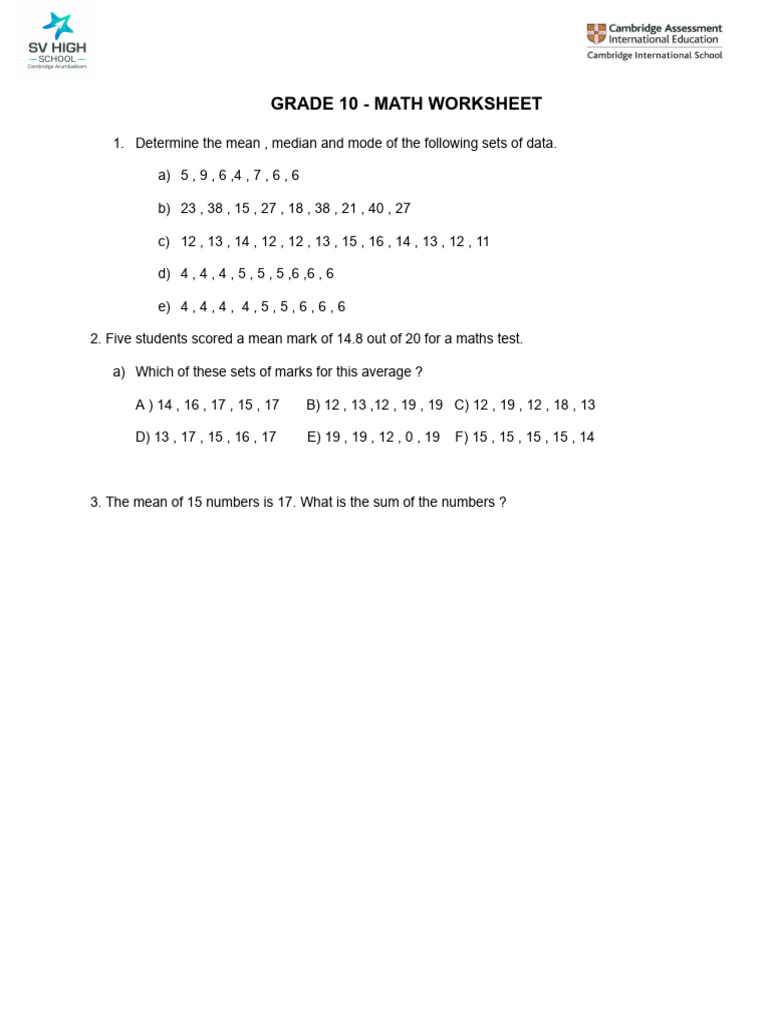 Grade 10 - Math Worksheet - 25!7!25 | PDF