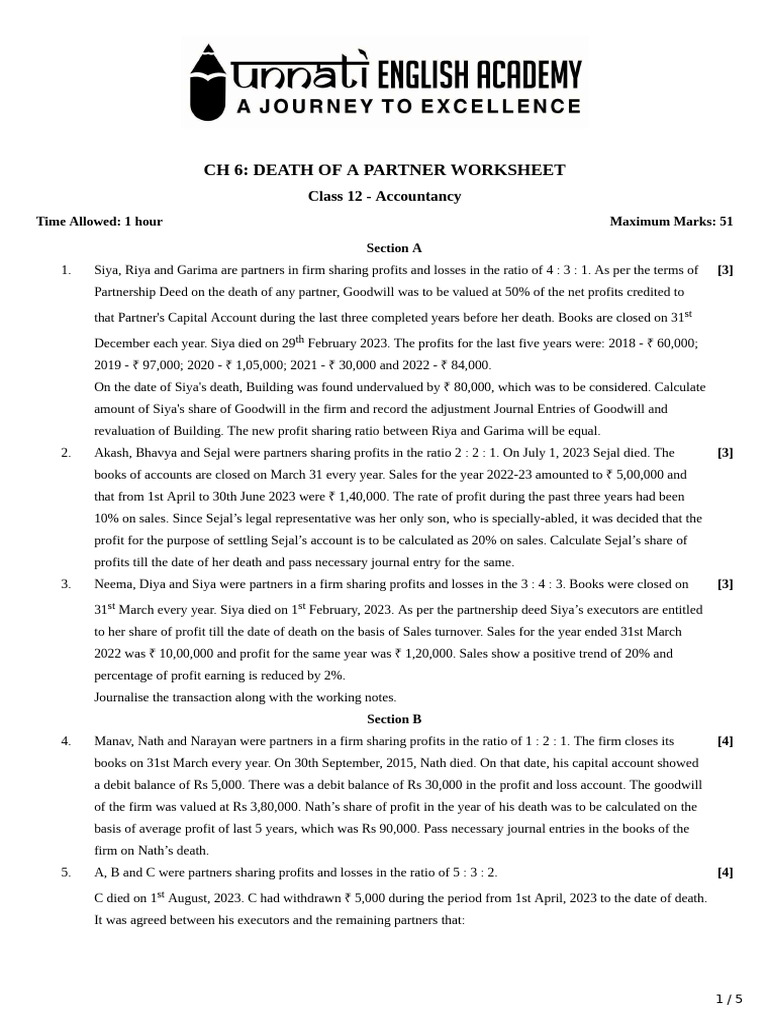 Death of a Partner: Class 12 Worksheet | PDF | Balance Sheet | Investing