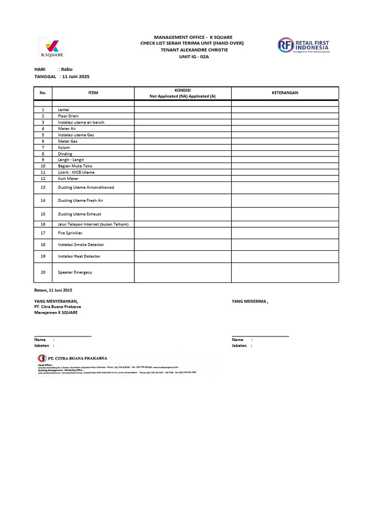 Checklist Serah Terima Unit K Square | PDF