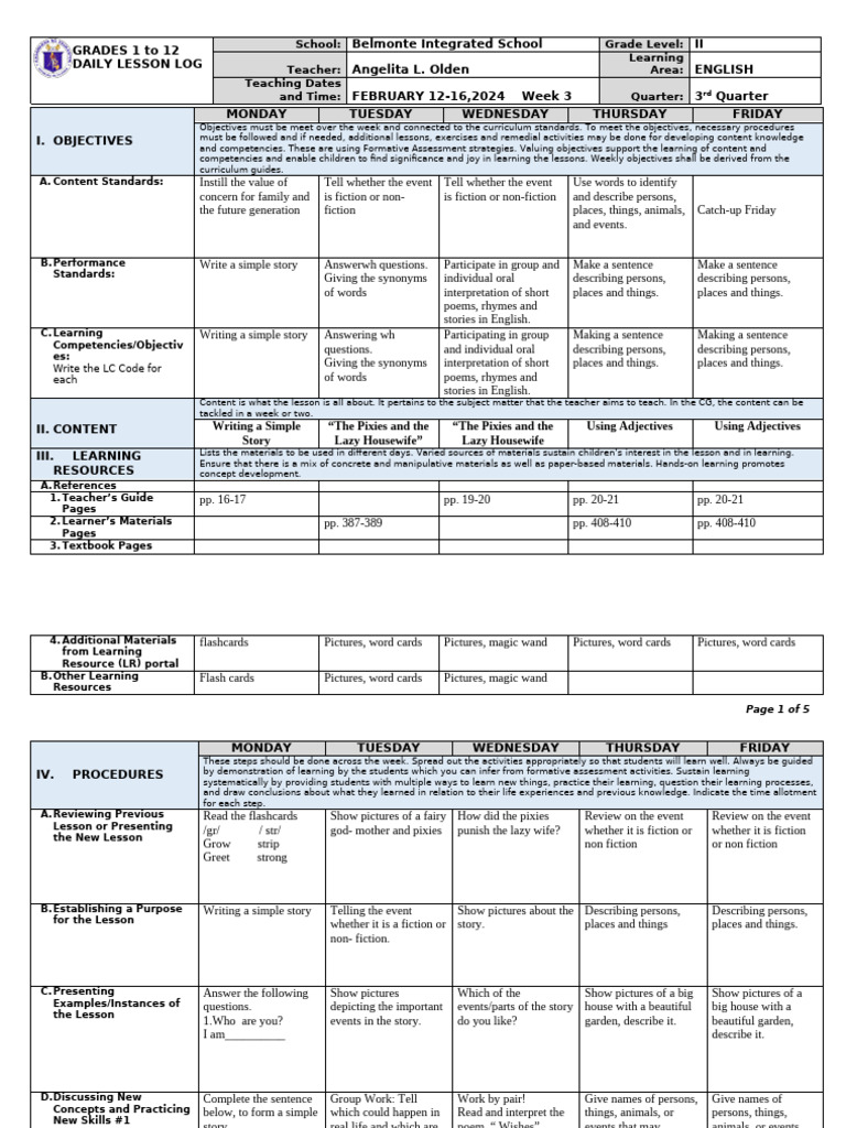 Grade 2 English Daily Lesson Plan | PDF | Learning | Teachers