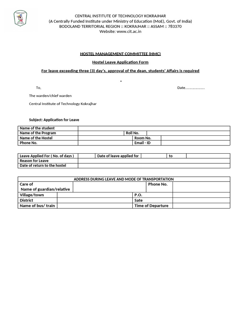 Hostel Leave Application Form | PDF