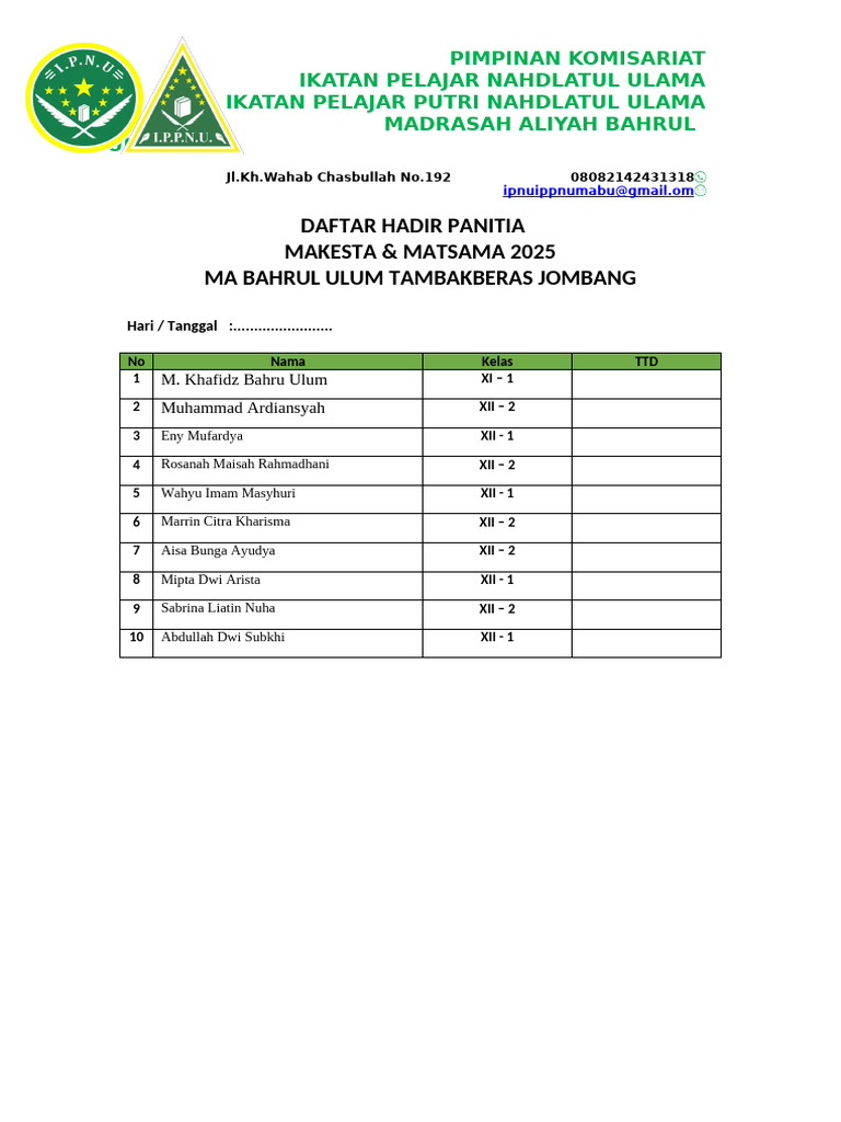 Daftar Hadir Panitia | PDF