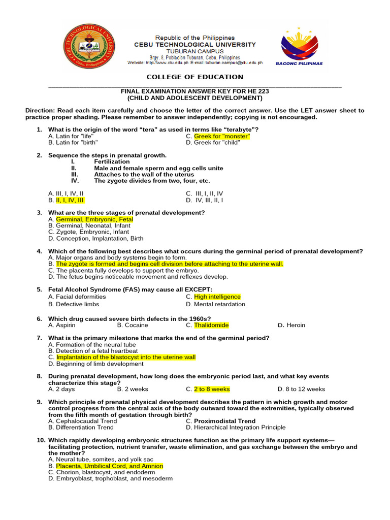 He 223 Final Examination Answer Key | PDF | Prenatal Development | Pregnancy