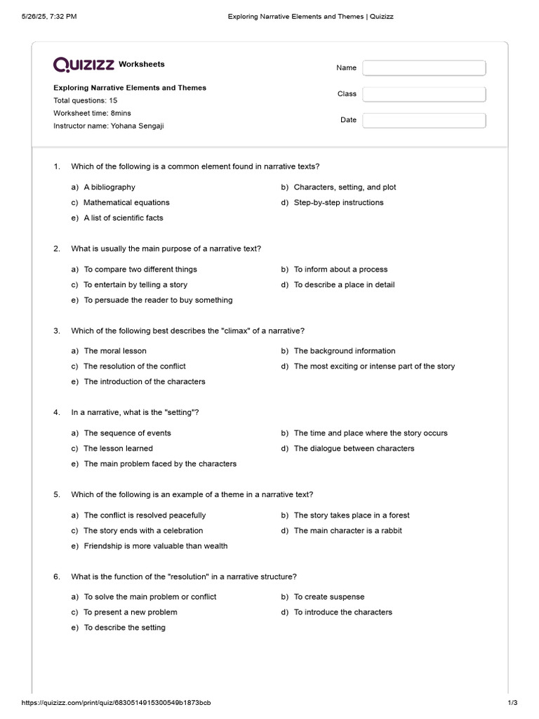 Narrative Elements and Themes Quiz | PDF | Narrative | Plot (Narrative)