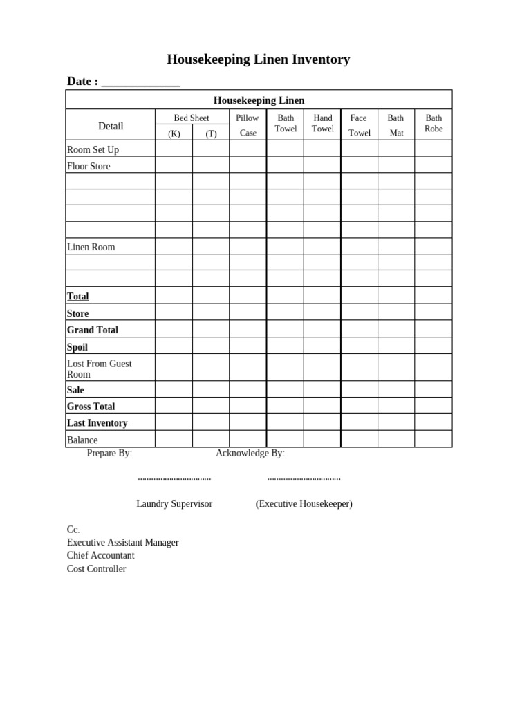 Housekeeping Linen Inventory Sheet | PDF