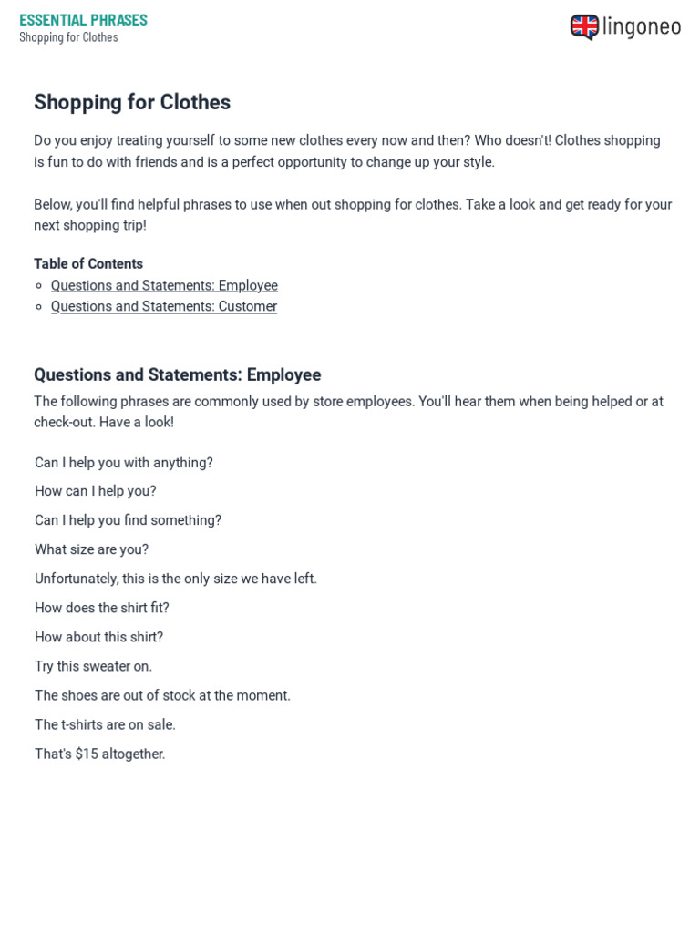 Essential Phrases for Clothes Shopping | PDF | Clothing | Fashion