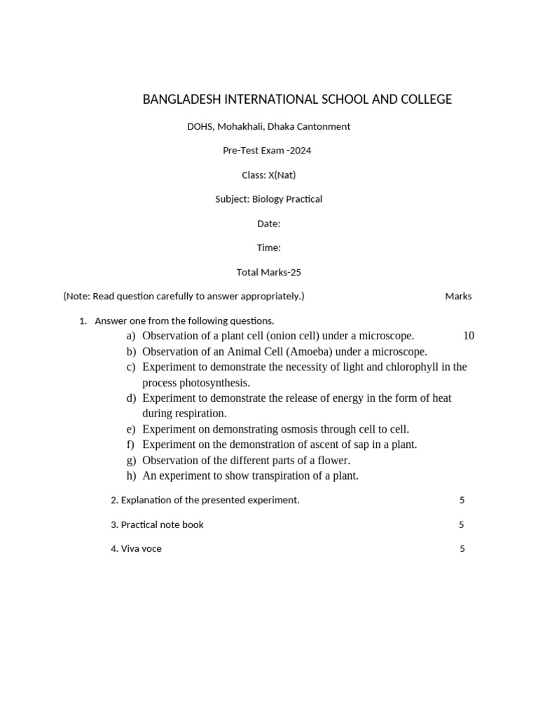 Pretest Biology Practical | PDF
