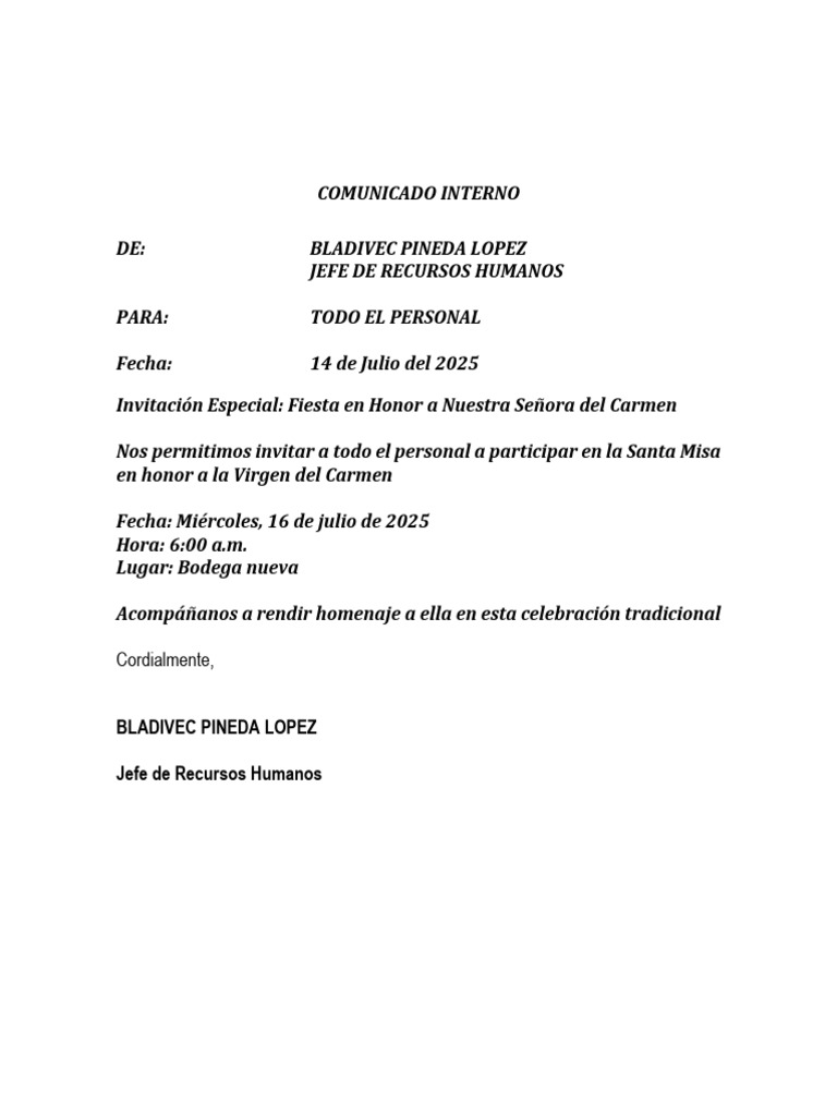 Comunicado Interno Misa | PDF