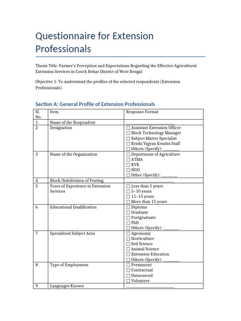 Extension Professional Profile Questionnaire | PDF | Non Governmental ...