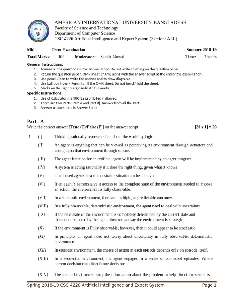 AI Summer 2018-19 Set A Midterm | PDF | Theoretical Computer Science ...