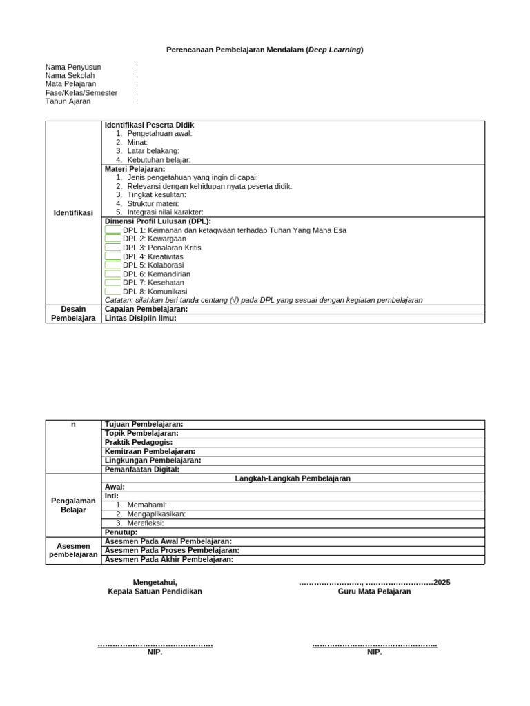 Template RP DL Sesuai Pemaparan Kemendikdasmen | PDF