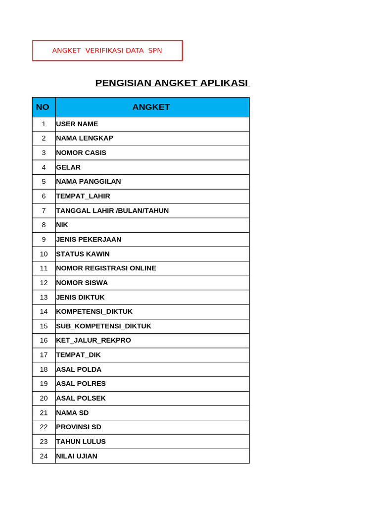Isi Format Angket Data Casis Masuk SPN 2024 | PDF