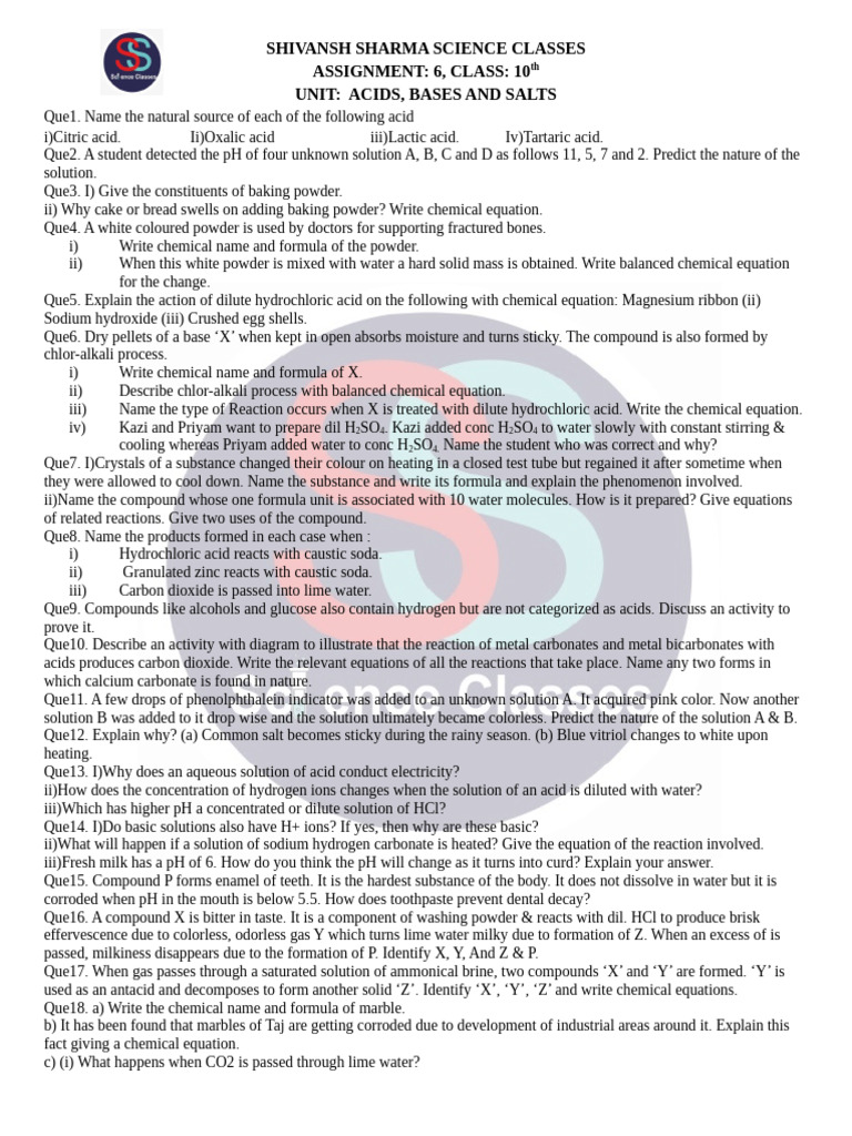 Acids J Bases and Salts Class-10 Assignment | PDF | Carbonate | Sodium Carbonate