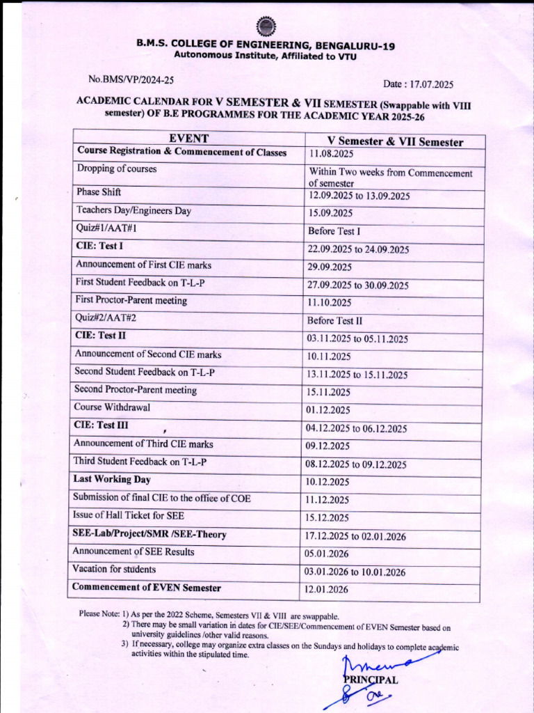 V & VII Semester Calendar of Events | PDF