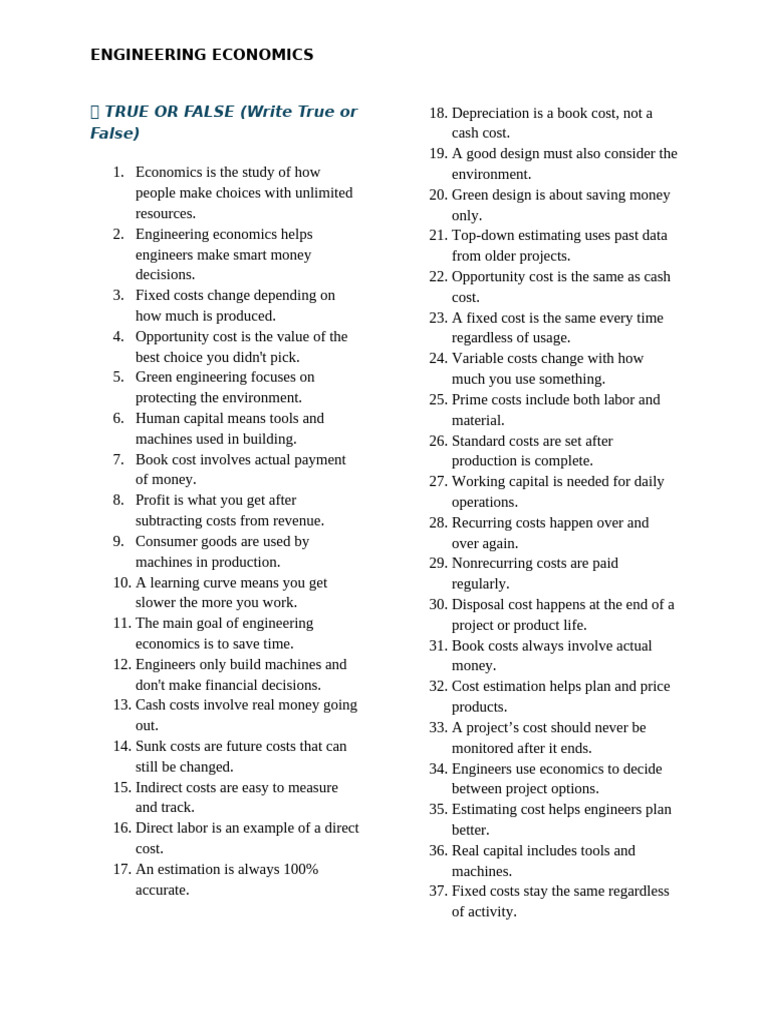 Engineering Economics: Key Concepts Quiz | PDF | Cost | Opportunity Cost
