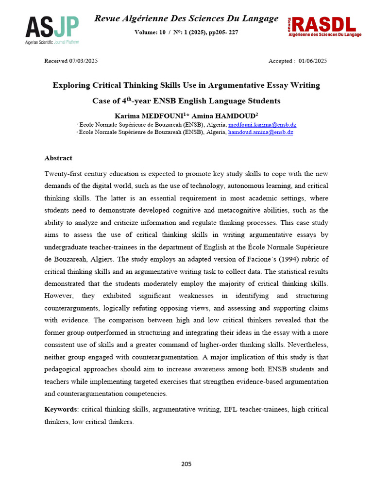 Exploring Critical Thinking Skills Use in Argumentative Essay Writing Case of 4th Year Ensb ...
