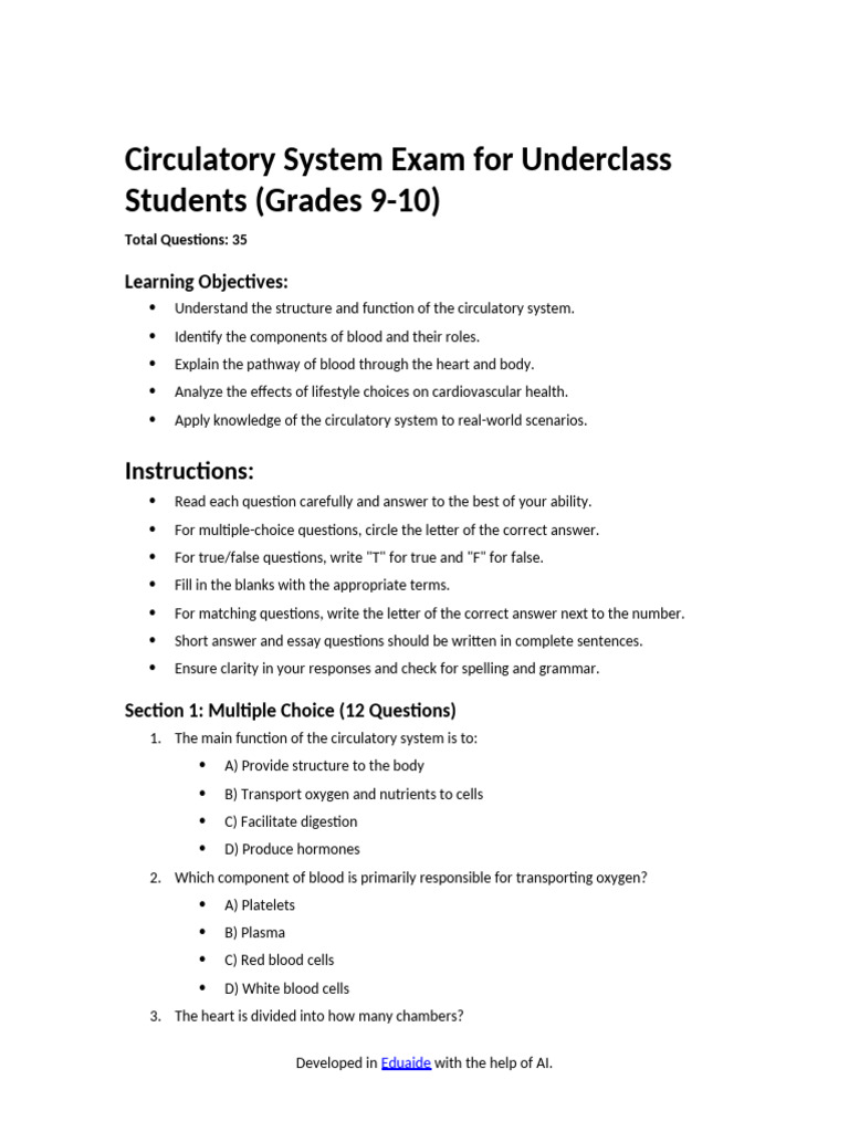 Circulatory System Exam for Grades 9-10 | PDF | Circulatory System | Heart