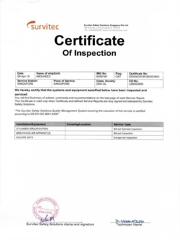 Cert of Inspection SCBA & EEBD | PDF